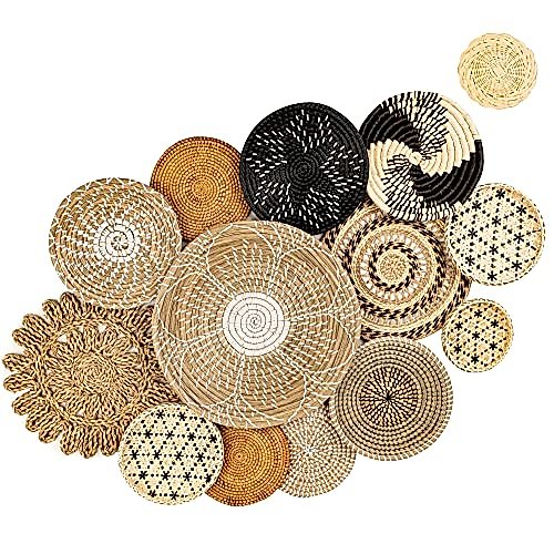 EXA Set of 15 Hanging Woven Wall Basket Decor Summer Bloom Round Decorative Large Wall Decor - Handmade Seagrass Baskets - Rattan Wall Art, Flat Wicker Woven Basket Wall Decors for Boho Farmhouse