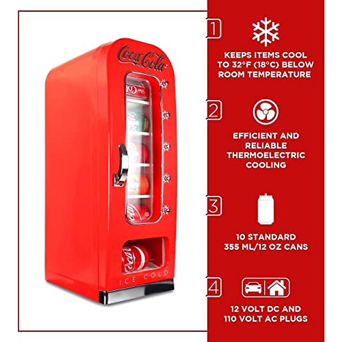 Coca-Cola Exclusive New Retro Vending Machine Style 10 Can Mini Fridge, 12V DC/110V AC with tall window display for home, dorm, office, games room