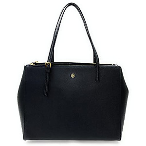 Tory Burch Women's Emerson Double Zip Tote Saffiano Leather With Gold Tone Hardware (Black Gold)