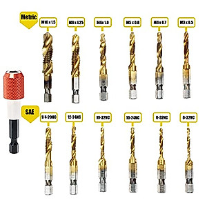 AUTOTOOLHOME Titanium Combination Drill Tap Bit Set 13PCS SAE and Metric Tap Bits Kit for Screw Thread Drilling Tapping Deburring Countersinking