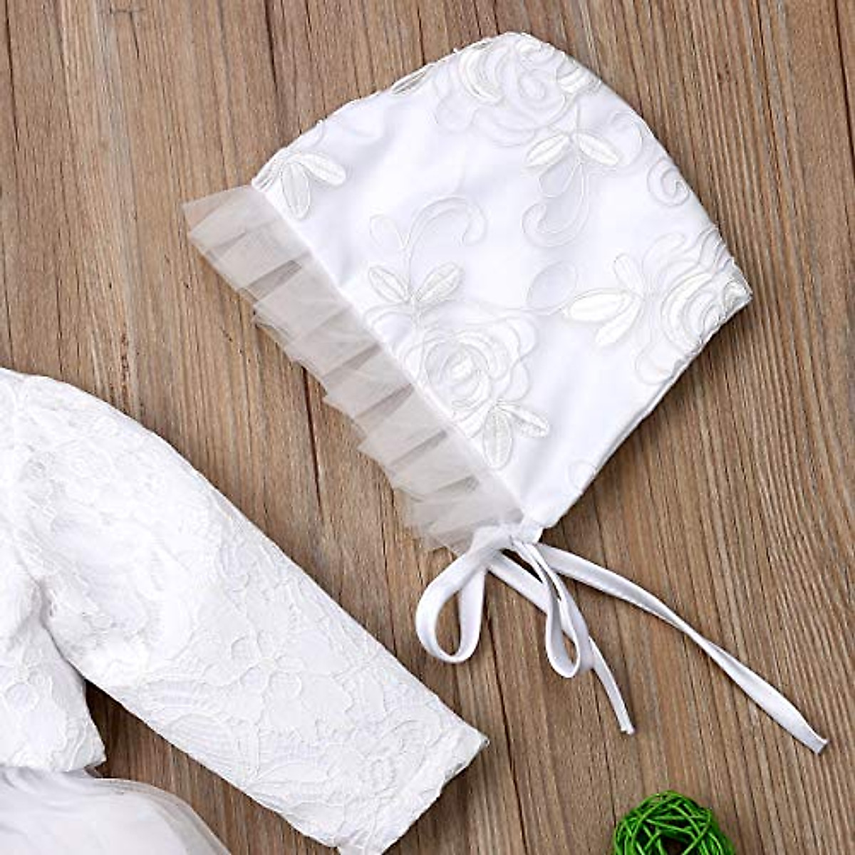 Cudilica Newborn Baby Girls Christening Princess Long Sleeve Tulle Lace Dress Skirts Shawl Hat 3Pcs Infant Clothes Sets (White, 0-3 Months)