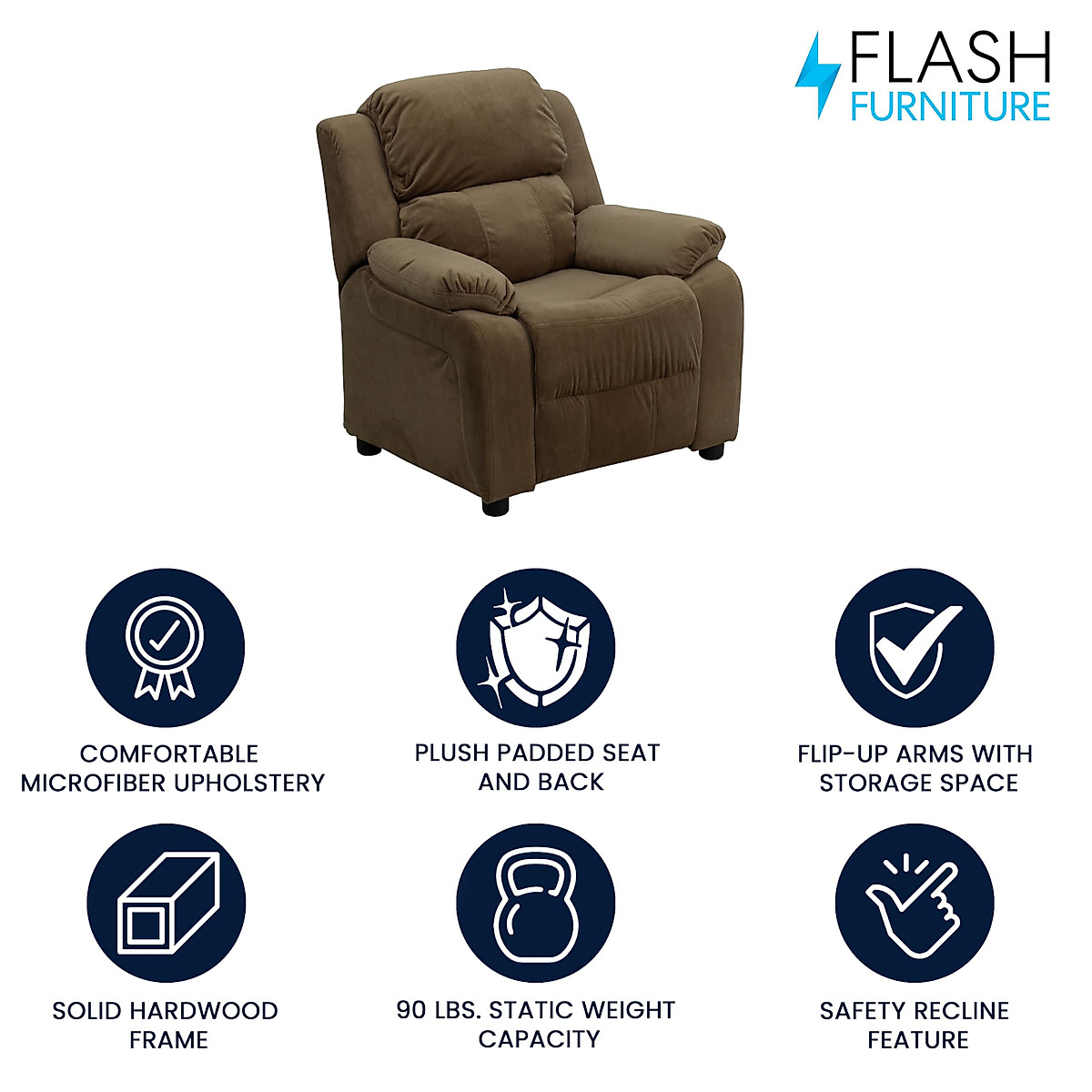 Flash Furniture Charlie Microfiber Kids Recliner with Flip-Up Storage Arms and Safety Recline, Contemporary Reclining Chair for Kids, Supports up to 90 lbs., Brown