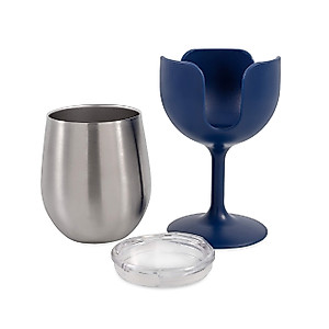 Camco Life is Better at The Campsite Wine Tumbler | Heavy Duty Double Wall Vacuum Insulation | Crafted of 18/8 Stainless Steel | Features Removable Navy & Peach Stems | 2-Pk, 8-oz/Each (51917)