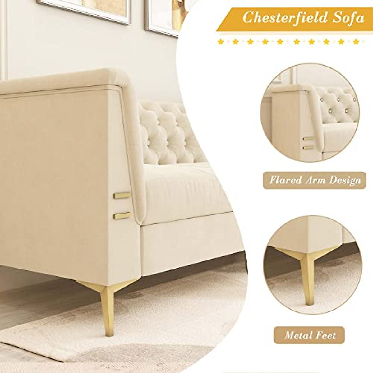 Lunanniu Beige Velvet Couch Sofa, 82" Mid-Century Modern 3 Seater Couches with Flared Arms and Removable Cushions, Upholstered Tufted Chesterfield Velvet Sofa with Gold Legs for Living Room (Beige)