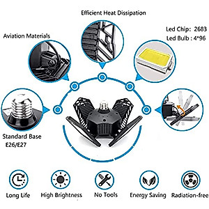 KAQ Led Garage Light 200W 20000LM Deformable, 6500K Garage Ceiling Lights with 4 Panels for E26 E27 Lampholder, Super Bright Garage Lighting Shop Work Lights, Metal Aluminum Alloy Shell Easy to Heat