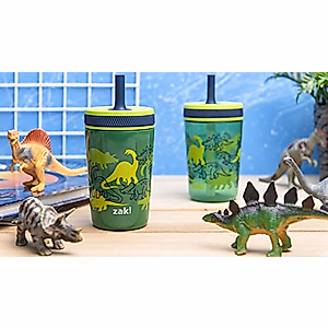 Zak Designs Dino Camo Kelso Tumbler 3pc Set, Leak-Proof Screw-On Lid with Straw, Bundle for Kids Includes Plastic and Stainless Steel Cups with Additional Sipper, 15 fluid ounces