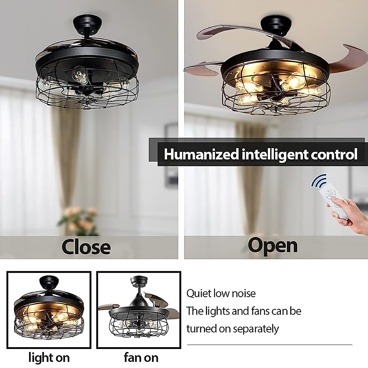 DLLT Ceiling Fan with Lights-42 Industrial Ceiling Fan with Retractable Blades, Vintage Cage Ceiling Light Fixture with Remote for Dining Room, Living Room, 5 E26 Bulbs Not Included, Black
