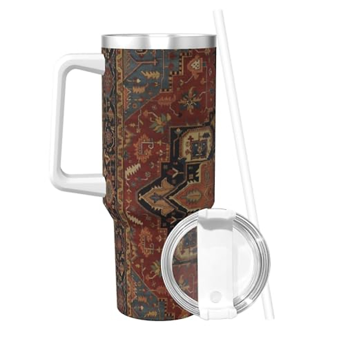 Xiexide 40oz Fits Cup Holder Sports Vintage Antique Oriental Turkish Antique Boho Bohemian Double Walled Vacuum Insulatedith Handle And Straw,Hot & Cold Drinks