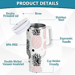 ODAWA Stainless Steel Vacuum Insulated Tumbler 40oz with Lid and Straw, Pineapples Dots White Travel Insulated Tumblers