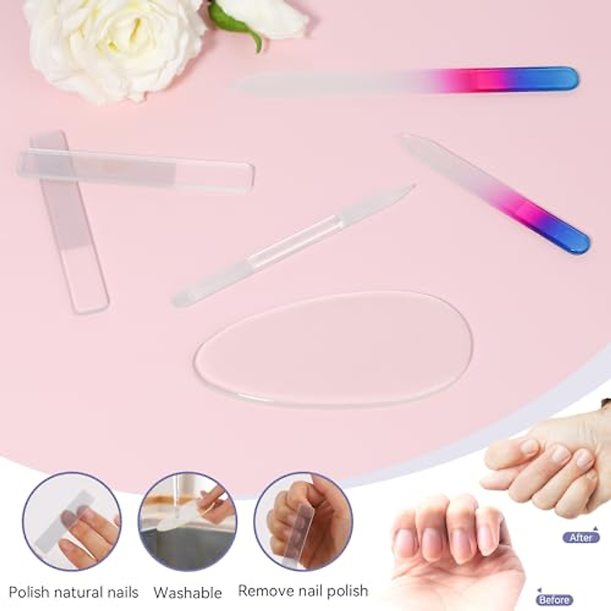 6 Pcs Glass Fingernail Files for Natural Nails, Crystal Cuticle Pusher Glass Nail File Set with Glass Emery Boards Manicure Pedicure Nail Files Buffers Trimmer Foot Callus Remover