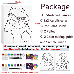 VALLSIP 2 Pack Paint and Sip Canvas Painting Kit Pre Drawn Canvas for Painting for Adults Stretched Canvas Couples Games Date Night Gentleman and Lady Paint Party Anniversary Valentines Day