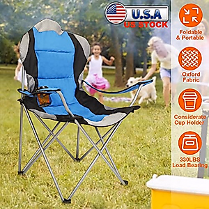 TeqHome Oversized Folding Camping Chair, Heavy Duty High Back Padded Arm Chair Support 330 LBS with Cup Holder, Outdoor Portable Lawn Chair Collapsible Quad Lumbar Back Chair for Sports Fishing Yard