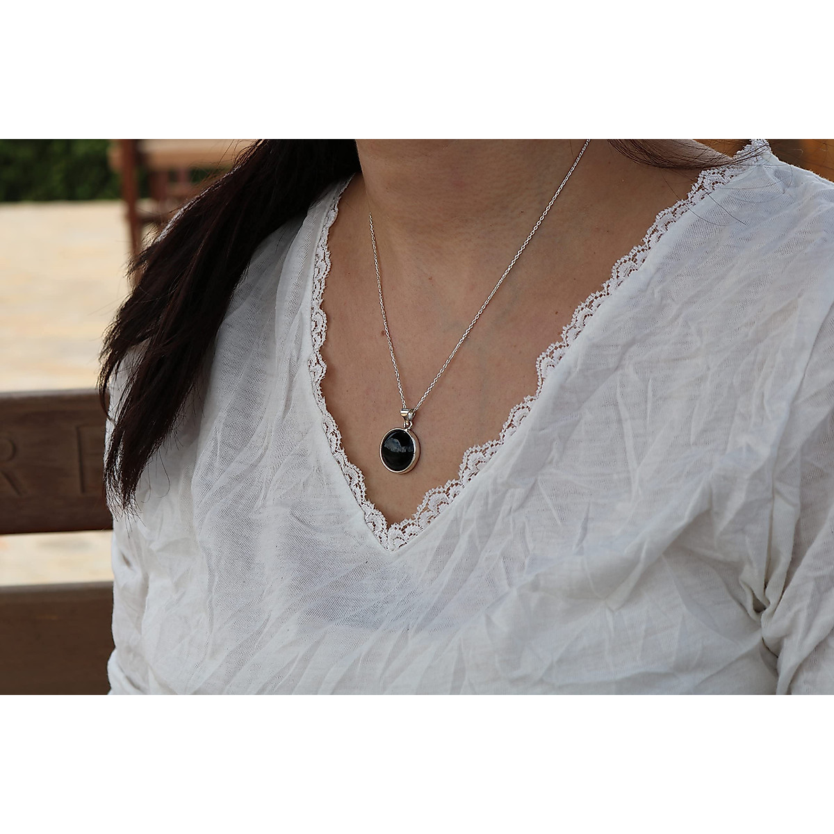 Echmeck Sterling Silver 925 Round Black Onyx 20mm Handmade Pendant Necklace with 16+2 inches Chain for Women