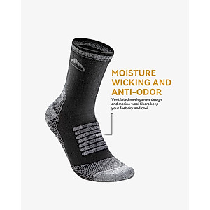 SAMSOX 2-Pack Merino Wool Hiking Sock, Made in USA, Black/Grey L