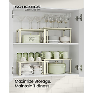 SONGMICS Cabinet Organizer Shelf, Set of 2 Kitchen Counter Shelves, Kitchen Storage, Spice Rack, Stackable, Expandable, Metal and Engineered Wood, Cream White UKCS002W02