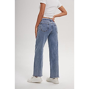 PEIHOT 90S Wide Leg Pants for Women Stretchy Mid Waisted Raw Hem Straight Leg Jeans Denim Pants 2023 Trendy Light Blue