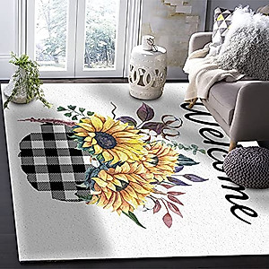 Indoor Area Rugs Thanksgiving Sunflower Pumpkin Leaf Non-Slip Floor Mats Plaid Black White Rectangular Carpet Soft Washable Rugs for Living Room/Bedroom/Hallway Home Decor - 5x8 Feet