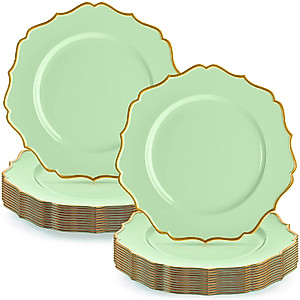 Mumufy 24 Pack Charger Plates Bulk 13 Inch Green Charger Plates Gold Trim Reusable Heavy Duty Large Round Dinner Chargers with Scalloped Rim for Wedding Upscale Party Festival Table Decoration