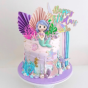 20 PCS Mermaid Cake Toppers with 3D Mermaid Seaweed Folding Fans Shell Starfish Cake Decoration for Kids Girls Birthday Party Baby Shower Supplies (STYLE1)