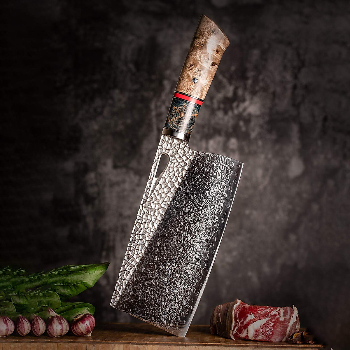 FZIZUO Damascus Kitchen Chinese Cleaver,7.5in Professional Handmade Chopping Chopper Knives with Burl Stabilized Wood Handle for Meat and Vegetable in Home&Restaurant
