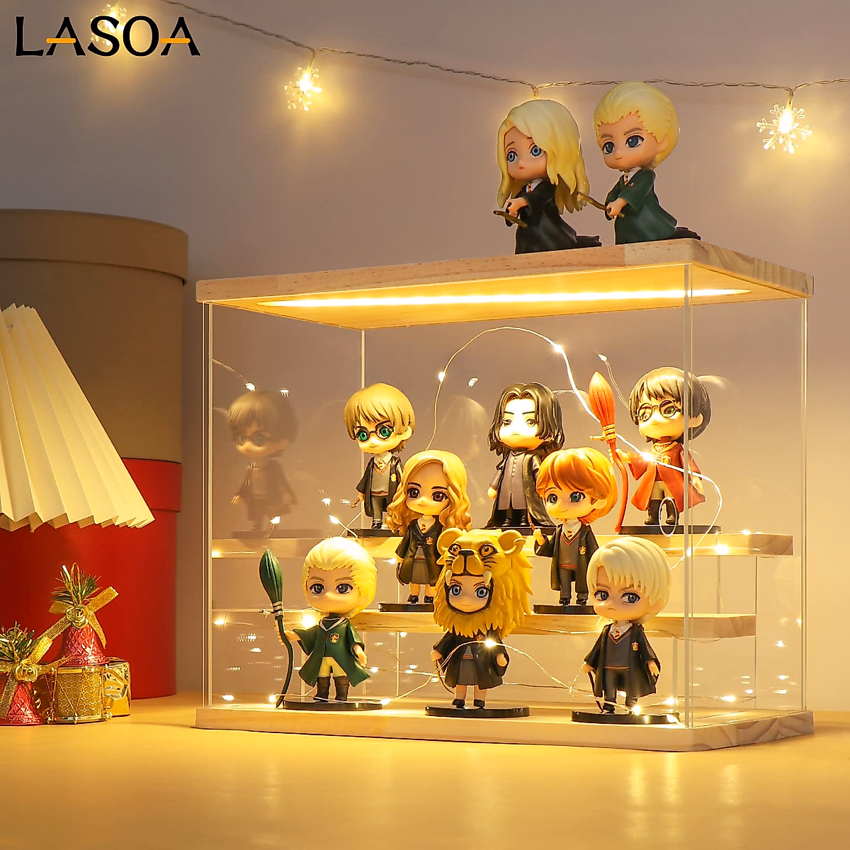 LASOA 3 Tier Acrylic Display Case for Collectibles with LED Light, Display Box with Wood Base and Lid, Self-Assembly Clear Shelf Showcase for Figurine Memorabilia (11.8x6.5x9.4inch;30x16.5x24cm)