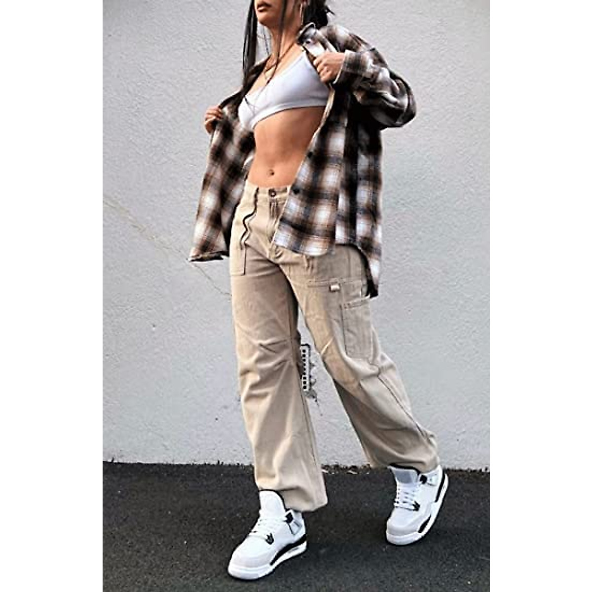 Dokotoo Lounge Women's Pants 2023 Palazzo Dress Pants for Women High Waisted with Pockets Jogger Stretchy Y2K Cargo Pants Khaki