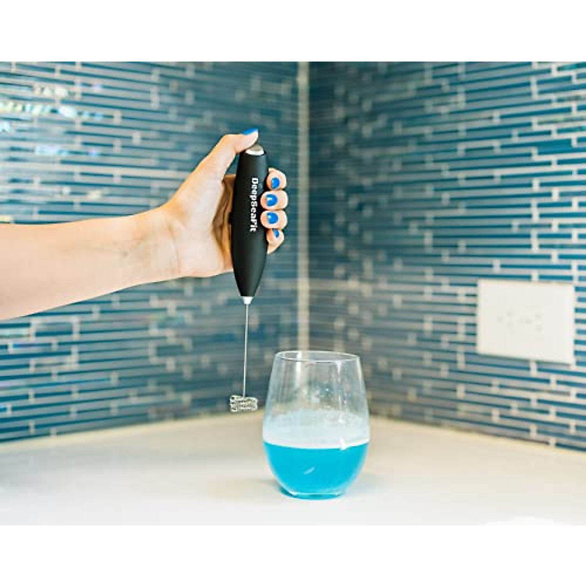 DeepSeaFit Hand Blender & Mixer for Pre-Workout, Protein, Formula, Powder Supplements, Coffee Art, Mixer Stick, Hand Mixer Electric, Milk Frother Batteries Included, Veteran Owned & Operated (Black)