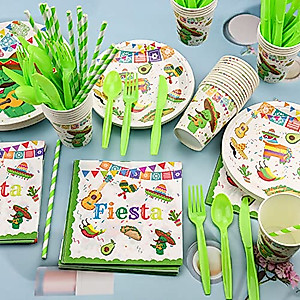 226 PCS Mexican Themed Fiesta Party Supplies - Paper Plates, Cups, Napkins, Straws Forks Knives Spoons, Balloon, Tablecloth, HAPPY BIRTHDAY Banner for Cinco de Mayo Disposable Tableware Set, Serves 24