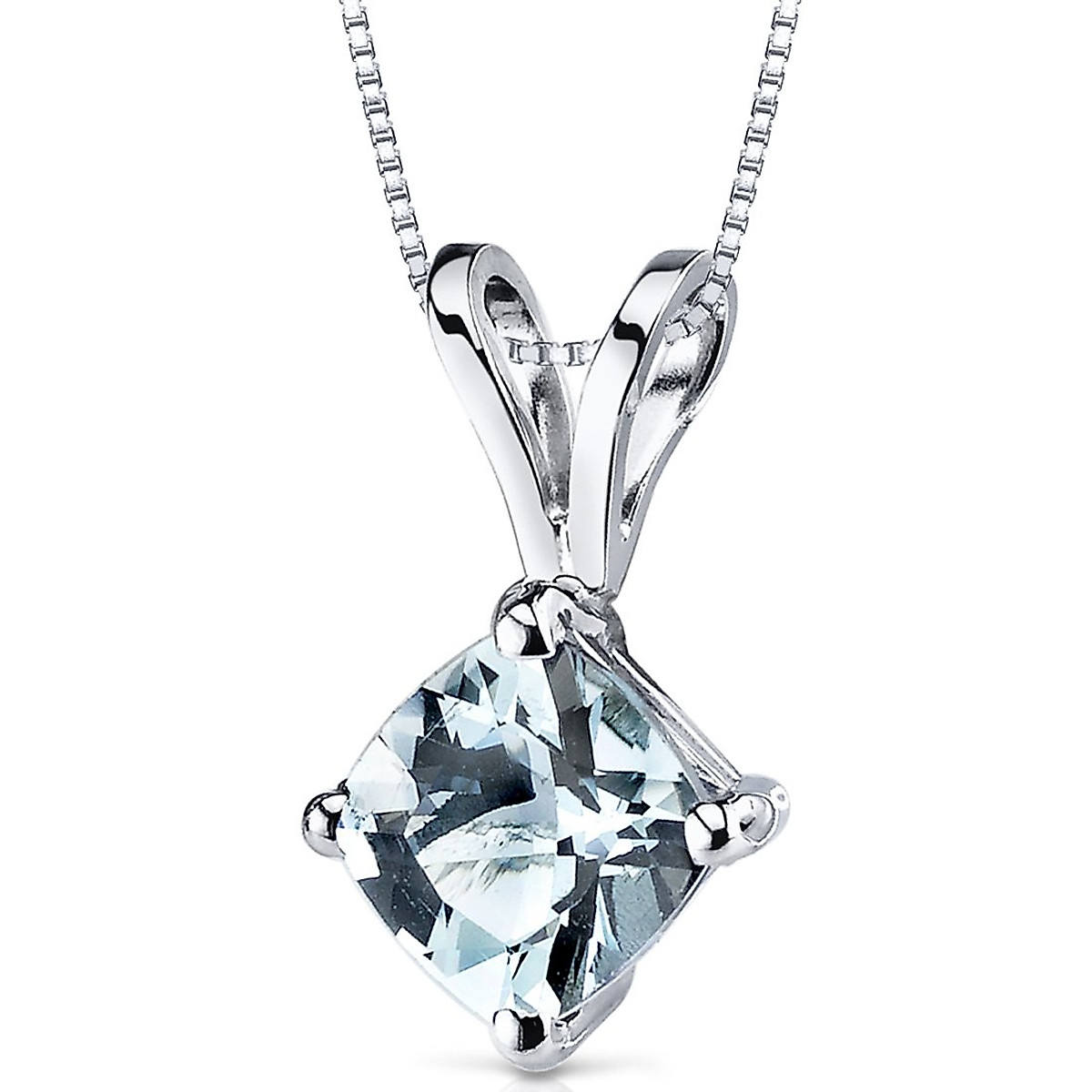 PEORA Solid 14K White Gold Aquamarine Pendant for Women, Genuine Gemstone Birthstone Solitaire, 0.75 Carat Cushion Cut, 6mm