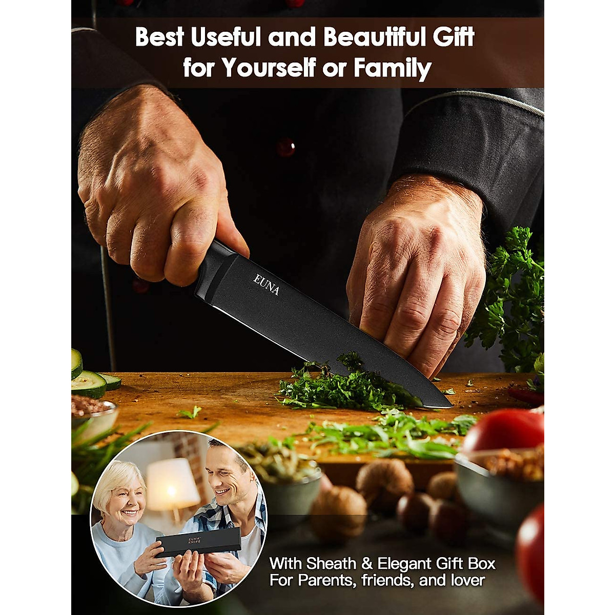 EUNA kitchen knife 8 inches Integrated with sheath & gift box Chef's knife Durable, ultra-sharp cutlery knife with ergonomic handle for culinary cutting. Cutting meat vegetables