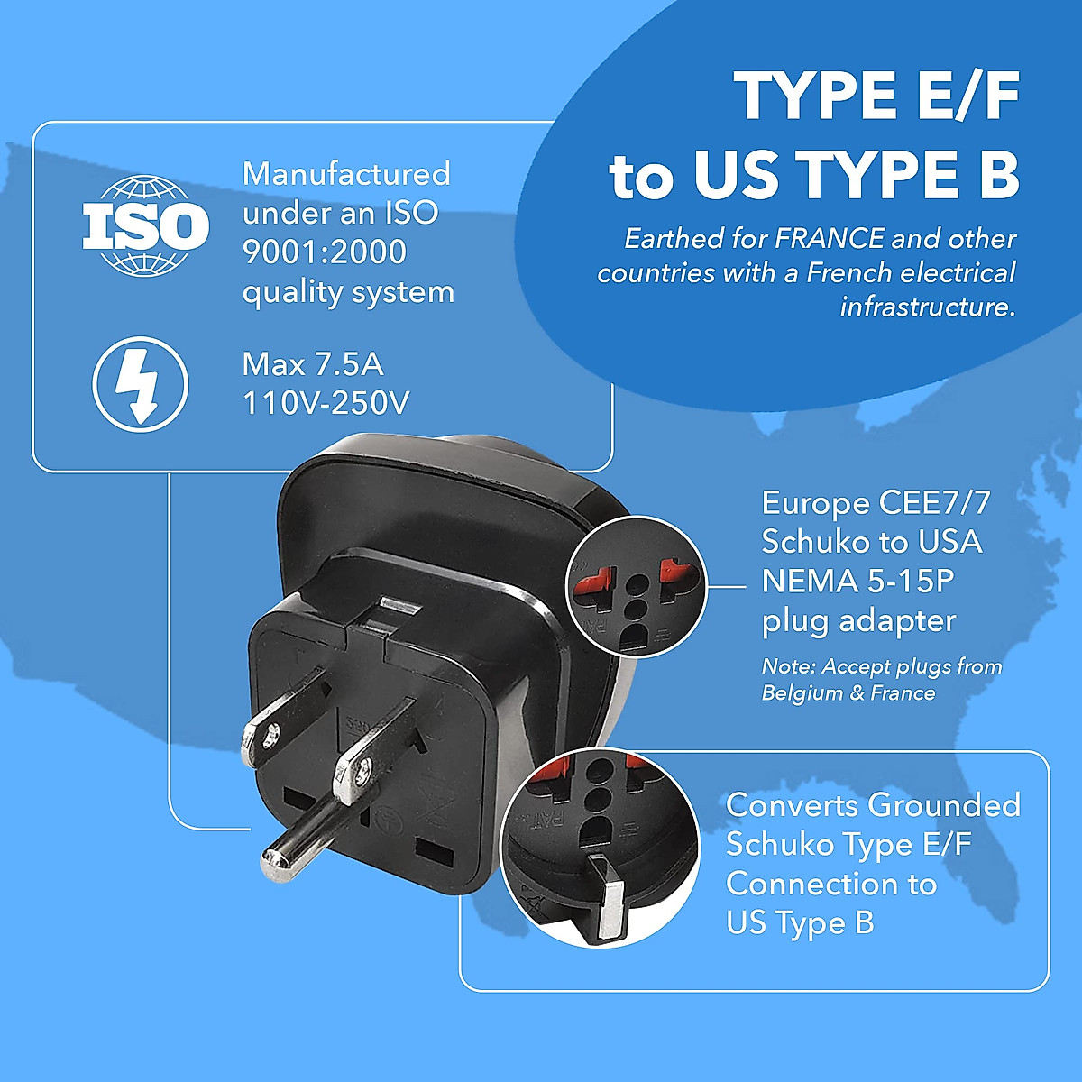 OREI Europe to US Plug Adapter, Grounded European to USA Adapter, American Outlet Plug Adapter, EU to US Adapter, Europe to USA Travel Plug Converter (3 Pack) GP-95