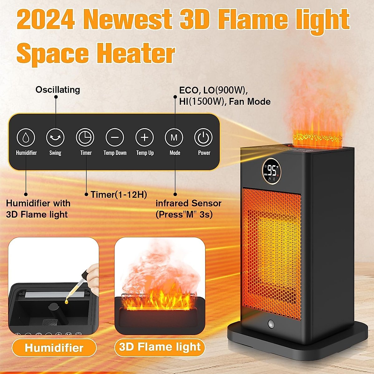 Space Heaters for Indoor Use,1500W PTC Space Heater Large Room,2s Fast Heating Heater with Sensor/Humidifier/3D Flame Effect/Oscillating,Heater for Bedroom,Office,Heat Up 260 sq.ft