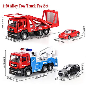 Winrayk 4Pcs Tow Truck Toys with Mini Toy Cars Set Pull Back Cars with Lights and Sound Trailer Transporter Vehicles Truck Toy, 1:50 Scale Metal Diecast Toy Trucks for Boys Girls 3 4 5 6 7 8 Years Old