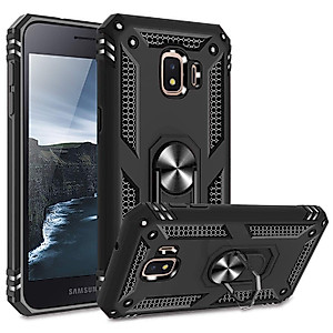 TJS Phone Case Compatible with Samsung Galaxy J2 Core/J2 2019/J2 Pure/J2 Dash/J2 Shine, Impact Resistant Metal Ring Magnetic Support Heavy Duty (Black)