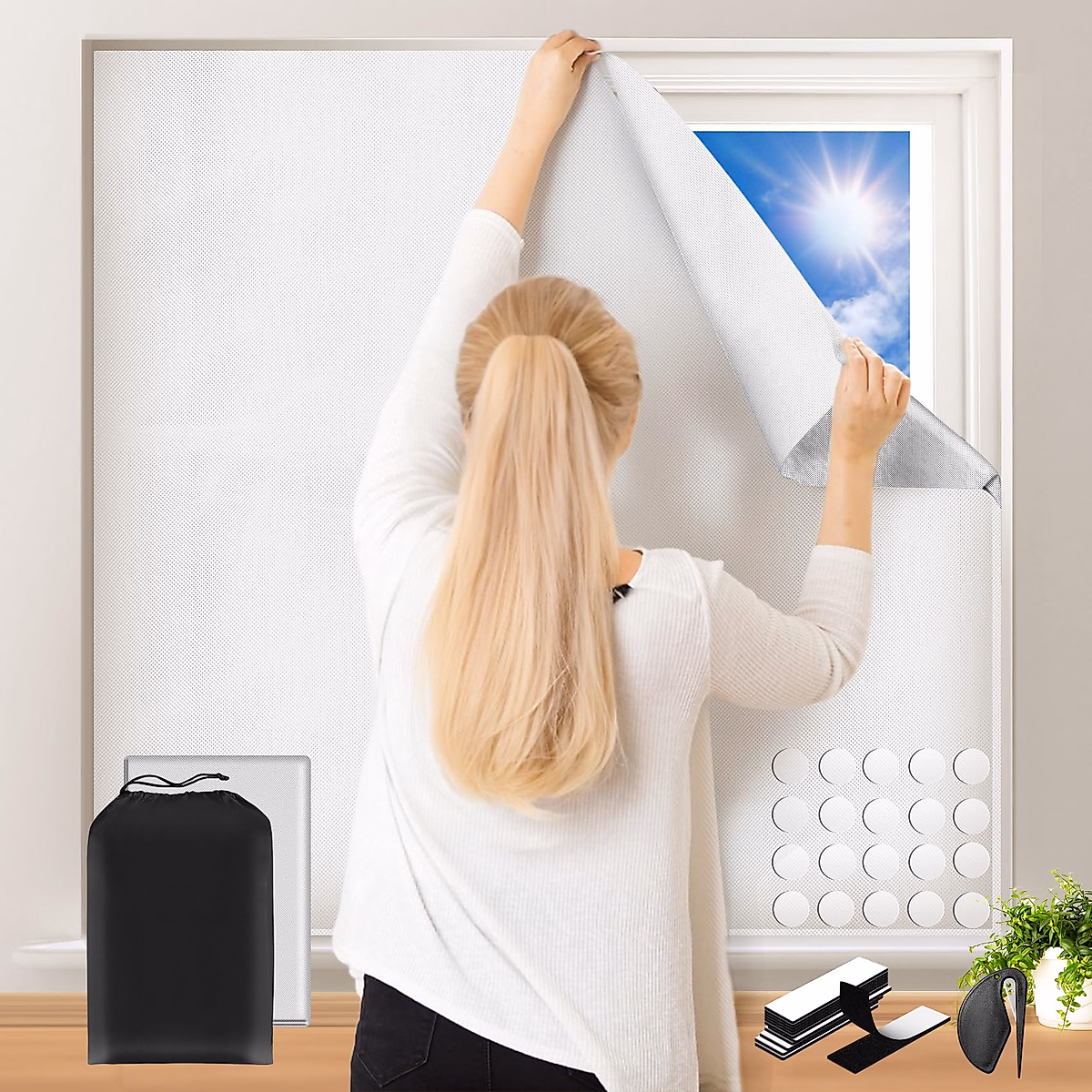 Saudoli 157" x 57" Blackout Curtains for Bedroom - 100% Blackout Window Shades with Hook and Loop Tape | Window Shades for Home Baby Nursery, Bedroom, Dorm Room, Office or Travel (White)