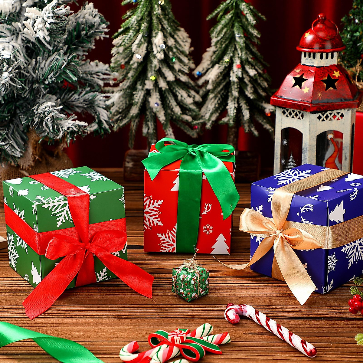 Fulmoon 48 Pcs Christmas Gift Boxes with Lids Small Squared Boxes with Ribbon Bow 4x4x4 Inch Holiday Gift Boxes Snowflake Christmas Tree Deer Horn Small Gift Boxes for Christmas Holiday Party