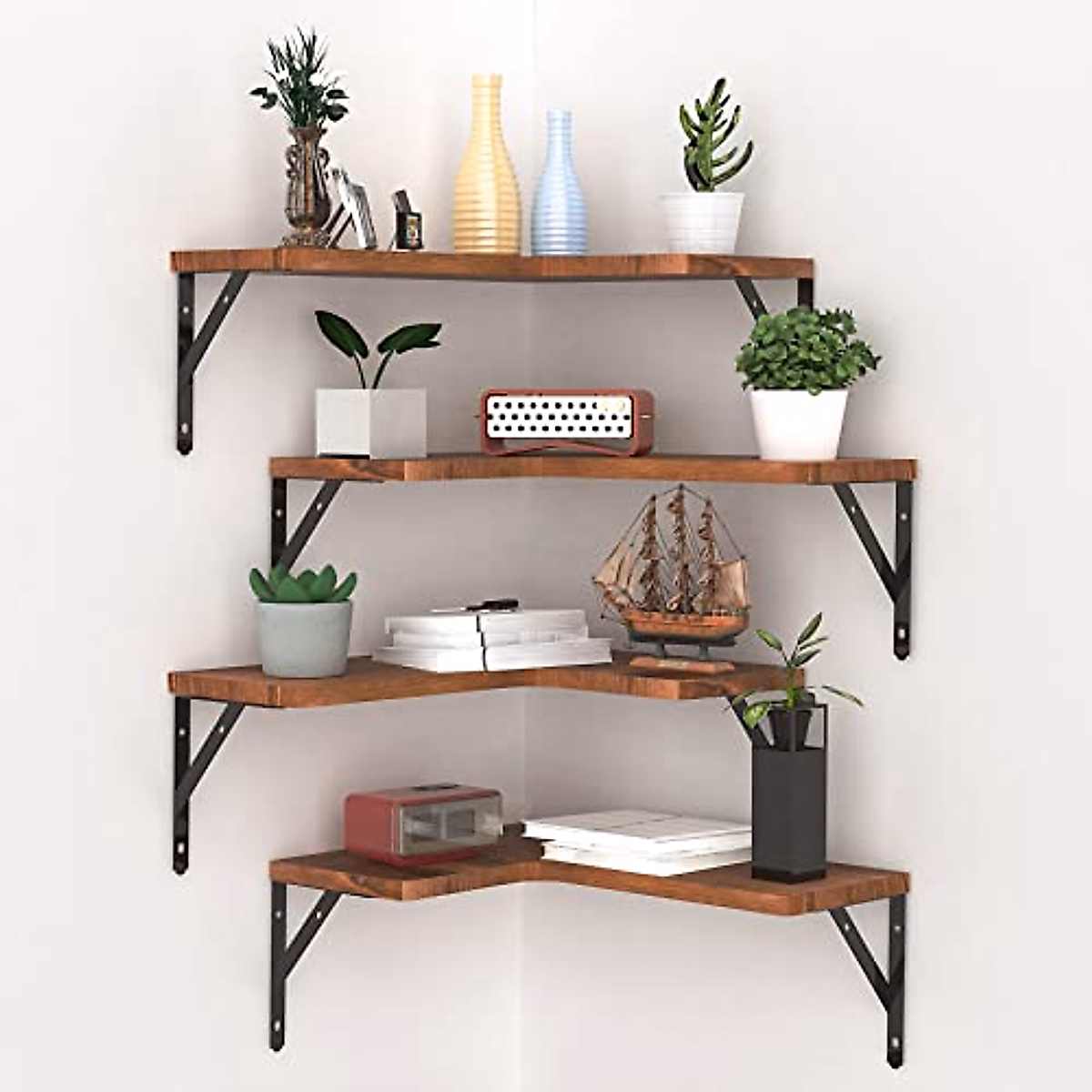 iiidol Corner Floating Shelves ,Set of 4 Wall Mounted Corner Shelf Rustic Wood Wall Shelves Storage Display Shelf Decor for Living Room, Bedroom, Kitchen (Arbonized Black)