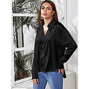 SOLY HUX Women's Satin Silk Long Sleeve Button Down Shirt Office Work Blouse Top Black S