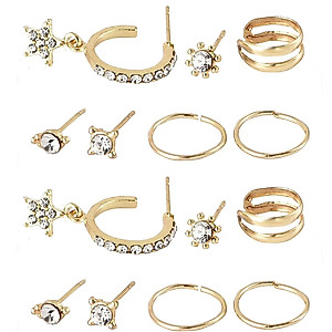 Missgrace 7 Pair Multiple Piercings Cute Big Hoop Elegant Rhinestones Earrings Set Vintage Star Earring Set Bohemian Earrings Stud Earrings Gold Punk Chain Earrings Set for Women (Style 3)