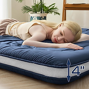 Syalife Japanese Futon Mattress Floor Mattress, 4" Thicken Roll Up Tatami Mat, Foldable & Portable Floor Bed Sleeping Pad, Traditional Shiki Futon (shikibuton), Design by Japan (Navy Blue, 54 * 80)