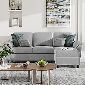 Vongrasig 79" Convertible Sectional Sofa Couch, 3 Seat L Shaped Sofa with Removable Pillows Linen Fabric Small Couch Mid Century for Living Room, Apartment and Office (Light Grey)