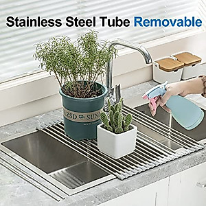 CSUNNUFA Roll Up Dish Drying Rack, 12"-21" Expandable Over The Sink Dish Drying Rack Sink Dish Drainer, Portable Stainless Steel Rolling Drying Rack for Kitchen Sink (21"x14.6", Grey)