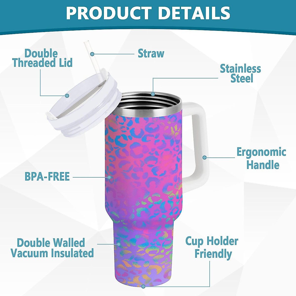 Bright Neon Leopard Tumbler with Handle and Straw Lid, Holographic Gradient 30 oz Insulated Coffee Cup Stainless Steel Water Bottle Travel Mug Cupholder Friendly,Gifts for Women Men