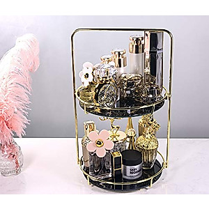 Z PLINRISE Makeup Organizer, 2 Tier Bathroom Cosmetic Storage Shelf for Dresser and Countertop, Decorative Round Vanity Organizer Basket with Marbling Glass Tray, Gold