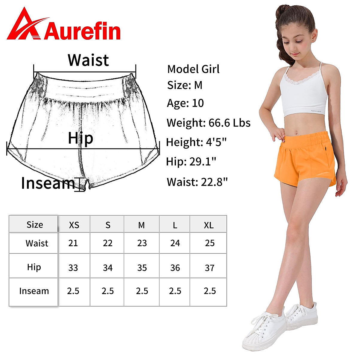 Aurefin Girls Athletic Shorts, Lightweight Running Shorts for Teen Girls Kids Sports Active Shorts with Zip Pocket and Elastic Orange/L