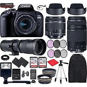 800D (T7i) DSLR Camera with EF-S 18-55mm f/4-5.6 is STM, EF 75-300mm f/4-5.6 III, 420-800mm f/8 Lense Bundle with Accessories (Extra Battery, Digital Flash, 128Gb Memory and More)