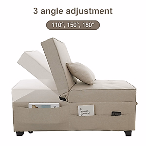 Cynefin Futon Chair with Lumbar Pillow and 3 Side Pockets, Sofa Bed Chair, Convertible Chair Sleeper Bed, 4 in 1 Ottoman Bed Tufted Fabric(70.8 x 26.3 x 16.4 inches, Beige)