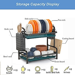junyuan Dish Drying Rack with Drainboard, 2 Tier Dish Rack with Knife Holder, Utensils Holder,Cutting Board Holder, Dish Drainer for Kitchen Countertop