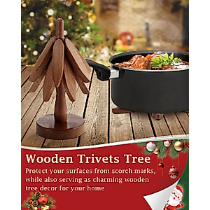 Wooden Tree Coasters with Holder, Wooden Trivets for Hot Dishes Decorative Christmas Tree Shape Includes 3 Pcs Hot Plate Mats, Tree Trivets for Hot Pots and Pans, Hot Pads for Countertop, Sapele