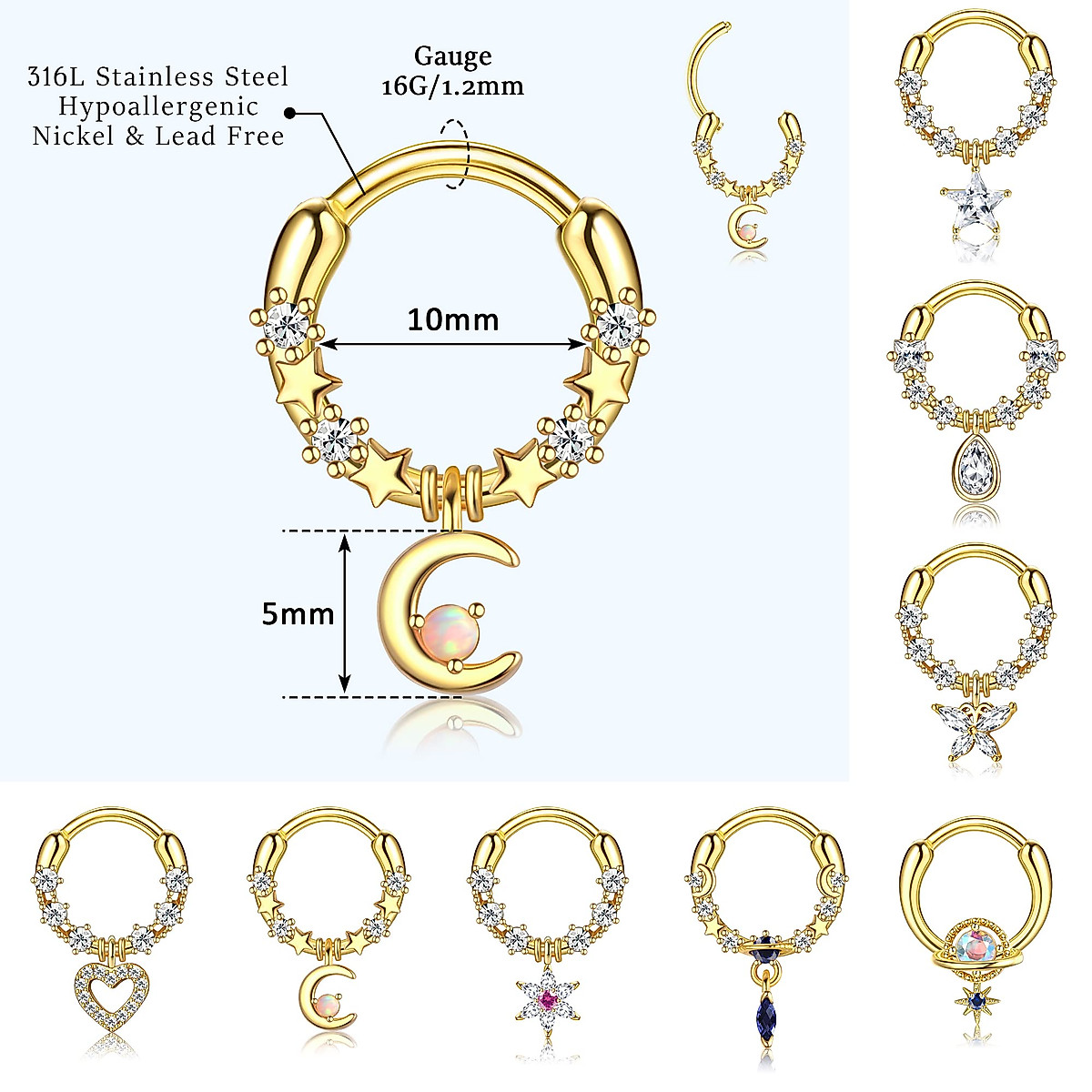LOYALLOOK Septum Rings Dangle Teardrop Septum Jewelry with Blue Planet Clear CZ Surgical Steel Star Daith Earrings Moon Cartilage Tragus Helix Earrings Nose Rings Piercing Gold Tone 10mm